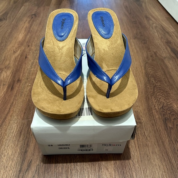 Style & Co. | Shoes | Chick Chelsea Blue Thong Wedge | Poshmark